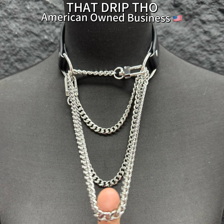 Double Layered Chains Leather Choker with Cuff Set